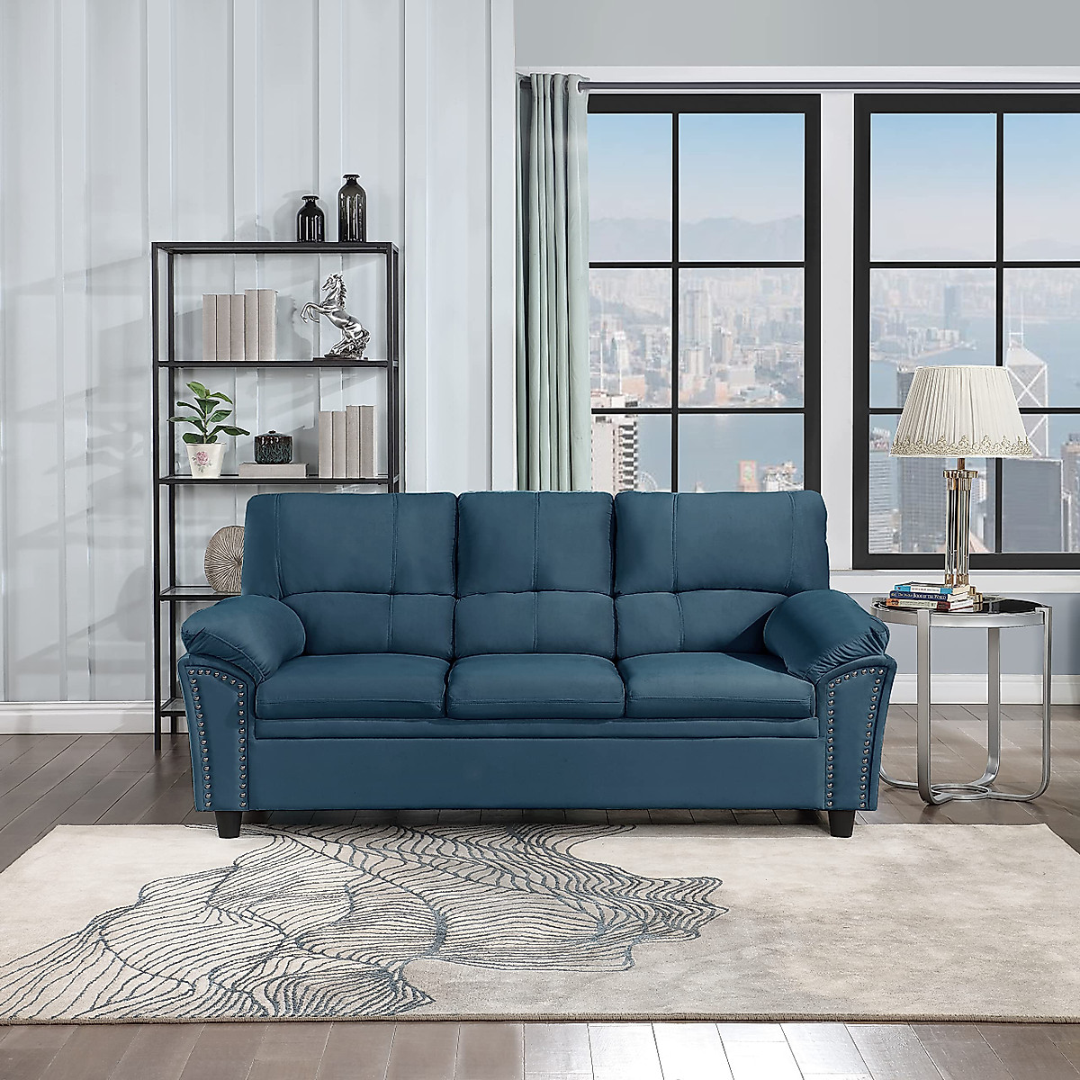 ERYE 2 Pieces Cushions Sectional Include 3 Seater Loveseat,Pillow-Top Armrest Velvet Upholstered Tufted Sofa & Couch W/Nailhead Decor for Home Office Apartment Living Room Furniture Sets, Blue 83.46"W
