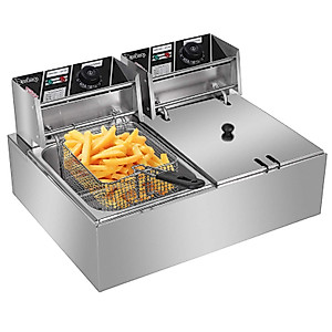 Commercial Electric Deep Fryer, Countertop Stainless Steel Deep Fryer French Fries for Restaurant Home Kitchen (Double Tank, 12.7QT/12L)