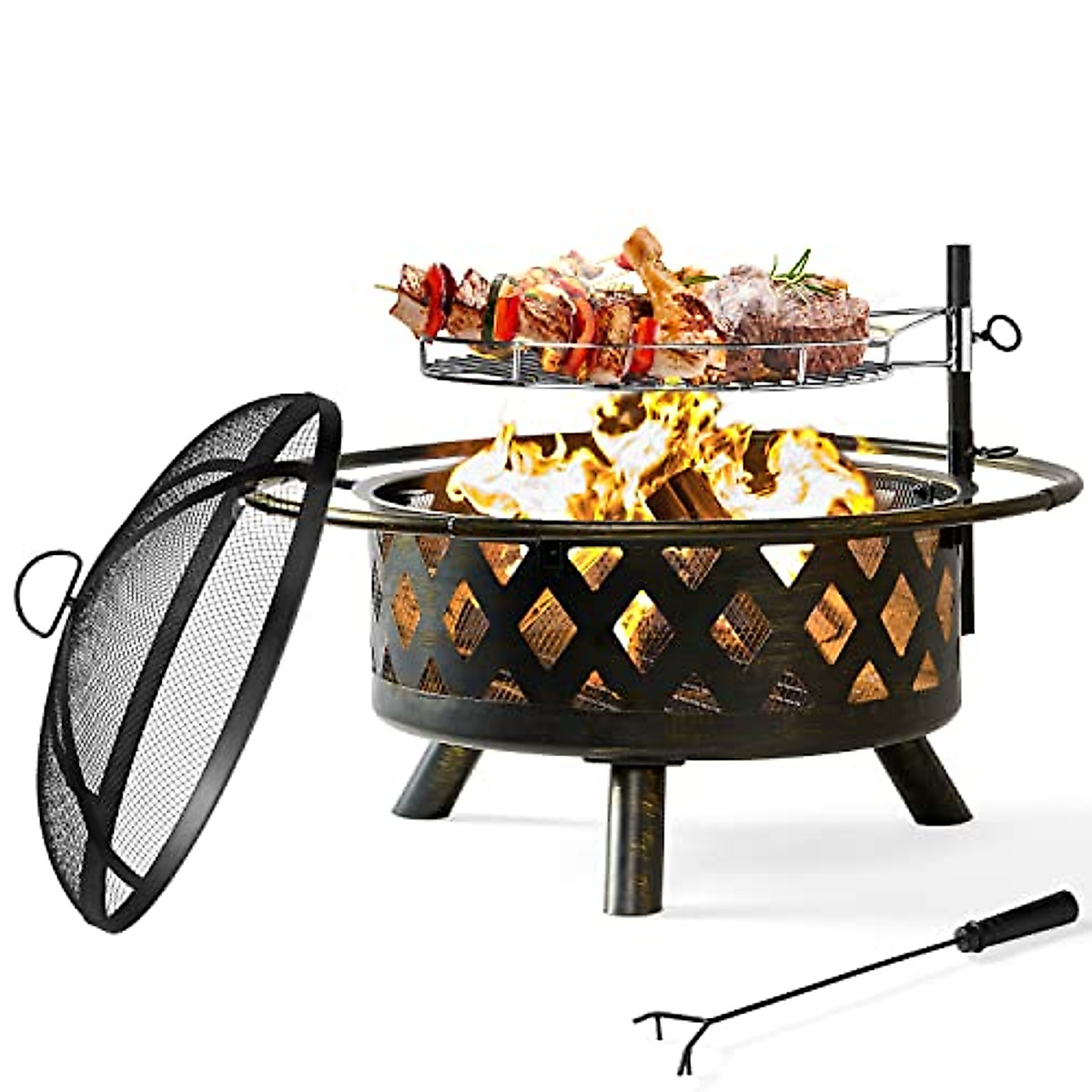 Oneinmil 2 in 1 Fire Pit with Grill, 30'' Wood Burning Outdoor Fire Pits Outside with Metal BBQ Grill, Spark Screen, Poker for Patio, Backyard, Garden