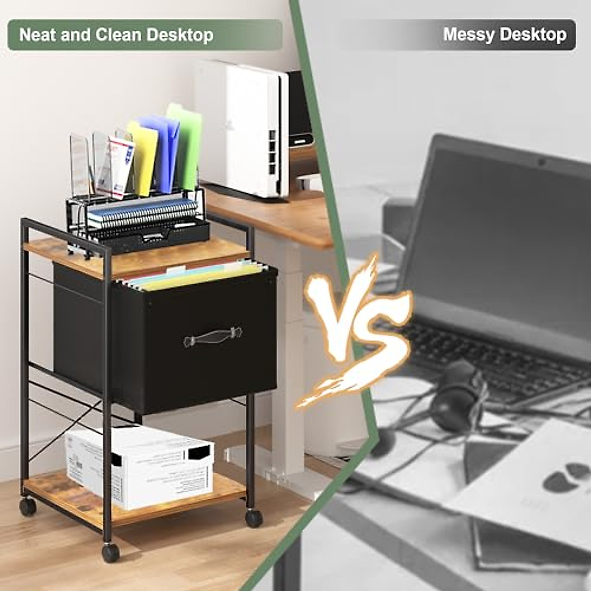 VECELO Mobile File Cabinet, Rolling Printer Shelf with Handle, Fabric Vertical Filing Cabinet fits Letter Size, Sturdy Steel Frame for Home Office, Brown