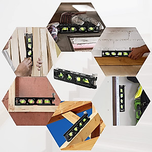 Huepar Torpedo Level, Magnetic Conduit Level with 4 Vials, 6.2 inch Aluminum Alloy Construction Spirit Level with V-Groove and Magnet Track, High Precision Bubble Level, Double Scale, Thumb Screw-TL13