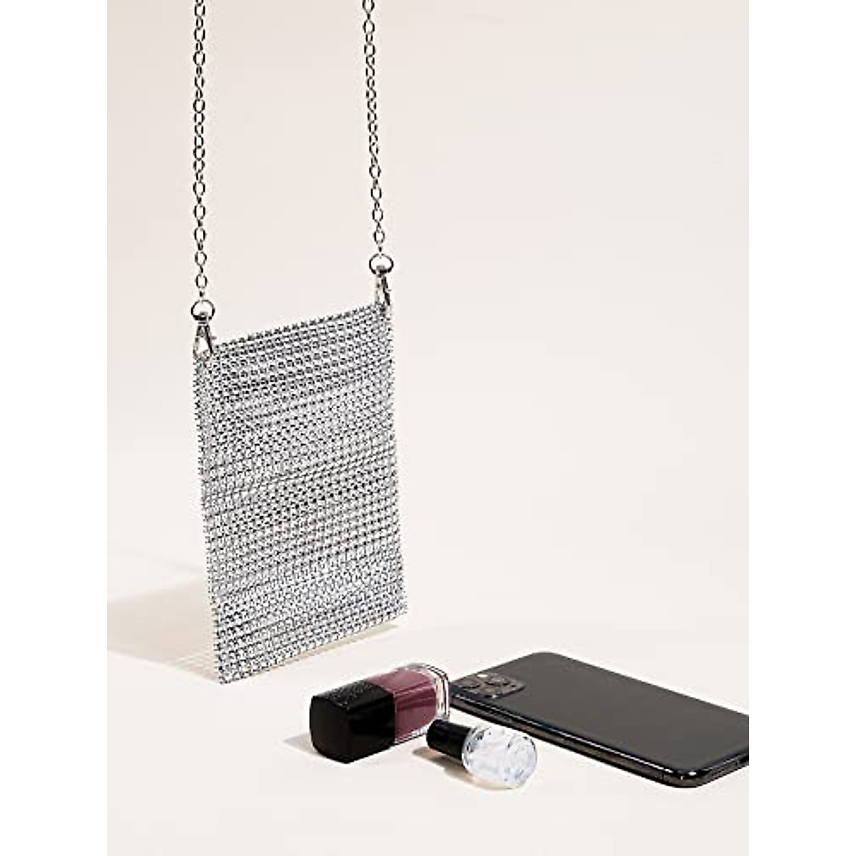 GORGLITTER Women's Rhinestone Decor Clutch Purses Evening Handbag Chain Shoulder Square Bag Phone Purse Silver One Size