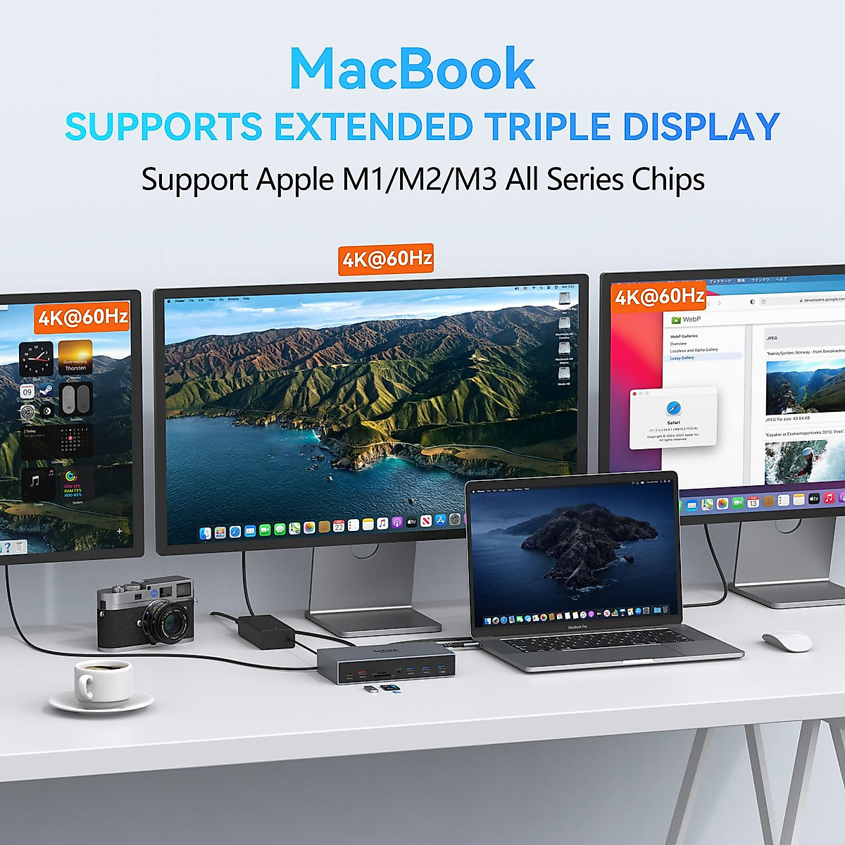 Displaylink Docking Station 3 Monitors Dual Triple Display USB C Dock with 3 HDMI, 2 DP, DC Power, USB A&C for MacBook M1 M2 M3/Dell/HP/Lenovo