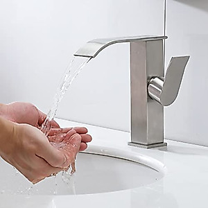 Comllen Brushed Nickel Waterfall Spout Bathroom Faucet, Single Handle Bathroom Sink Faucet Single Hole Bathroom Faucets for Sink 1 Hole Vanity Sink Faucet Rv Lavatory Vessel Faucet