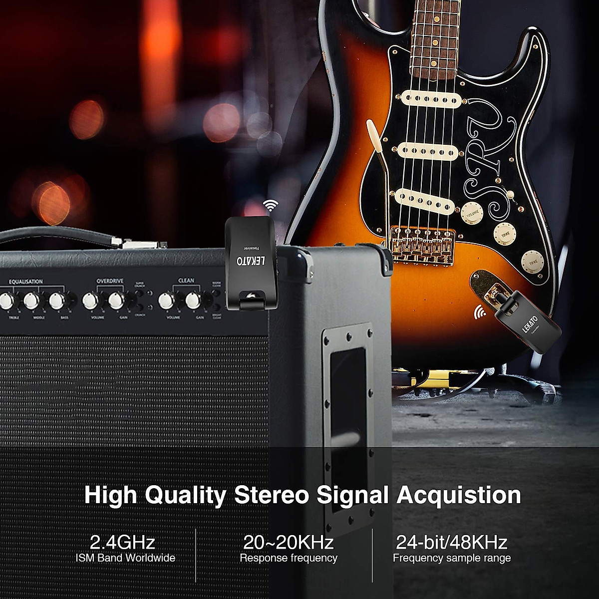 LEKATO Wireless Guitar System 2.4GHz Rechargeable Audio Wireless Transmitter Receiver 6 Channels for Guitar Bass Electric Instruments, Stereo and Mono 1/4” & 1/8” 2 in 1 Plugs,Black(WS-60)