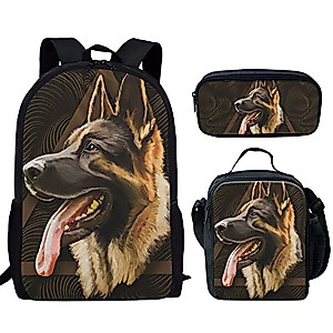 Howilath German Shepherd School Backpack for Boys Girls Backpack Set 3 Pieces with Lunchbox Pencilcase, 17 Inch Backpack Childern School Bag Set Bookbag