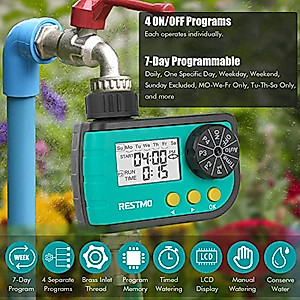 RESTMO Water Timer, 7 Day Programmable Sprinkler Timer, Digital Hose Timer with 4 Separate Program, Ideal for Garden Lawn & Outdoor Plant Watering and Drip Irrigation System, Automatic/Manual Control