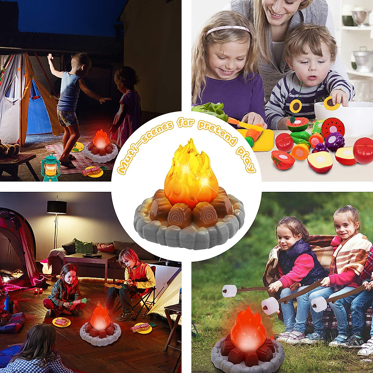 MITCIEN Pretend Camping Toys Play Set, Campfire, Play Food Toy Food for Kids with Oil Lantern, Pretend Fruits Vegetables Cutting, S'Mores, Indoor Outdoor Toys for Toddler