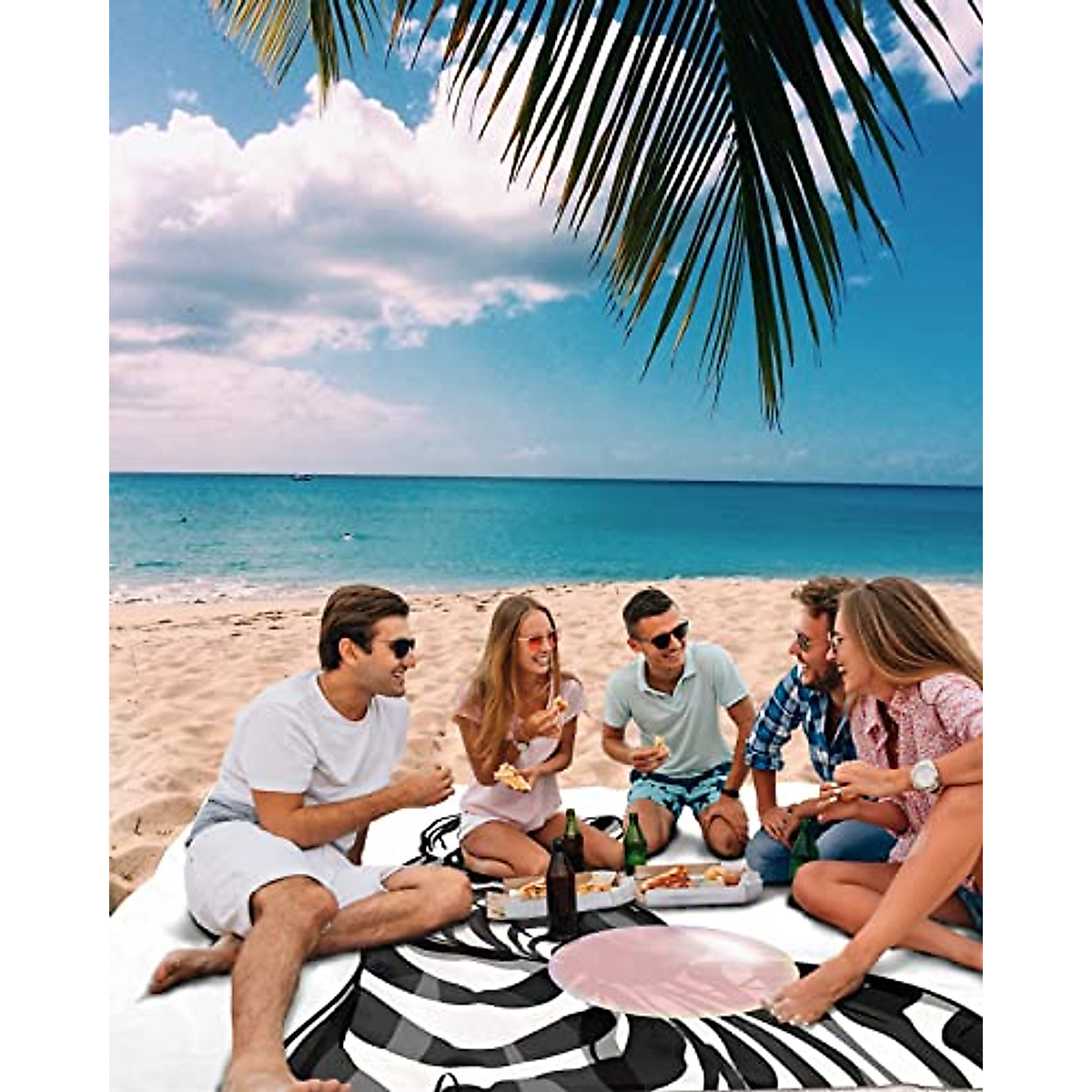 Watercolor Zebra Blowing Pink Bubbles Beach Blanket Sandproof, Beach Mat Sand Free Waterproof, Black White Animal Pure Backdrop Outdoor Picnic Blanket for Beach Party/Travel/Camping 108"x84"