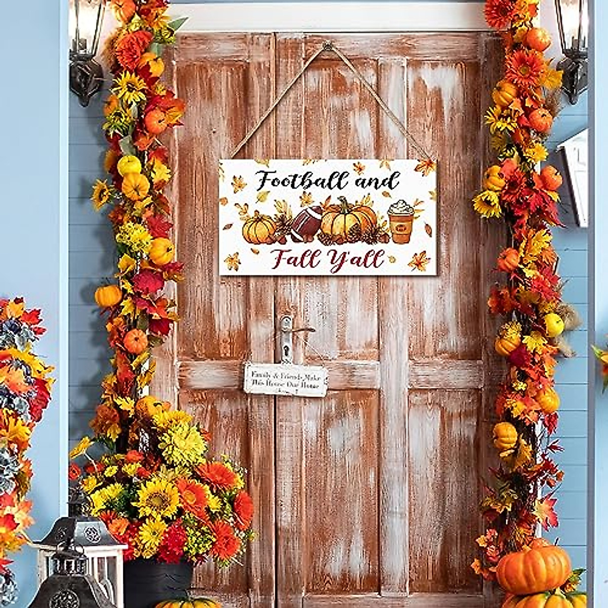 Geetery Football and Fall Y'all Wood Sign Hanging Farmhouse Wall Decor Fall Football Wall Decor Rustic Wooden Autumn Porch Sign for Front Door Home Living Room Garden Harvest Thanksgiving (Lovely)