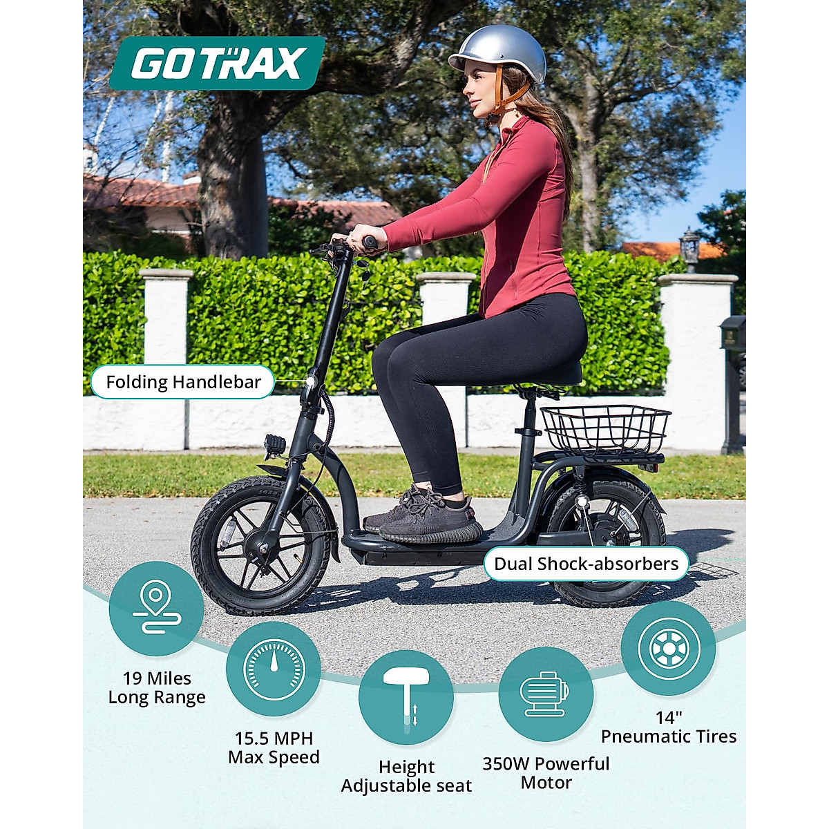 Gotrax Astro Electric Scooter with Seat for Adult Commuter,19 Miles Range&15.5Mph Power by 350W Motor, Folding Scooter with 14" Pneumatic Tire& Comfortable Wider Deck, E-Bike with Carry Basket Black