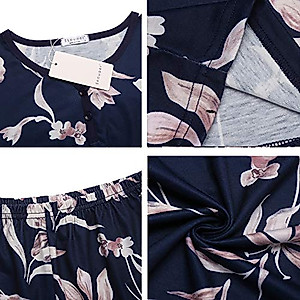 Ekouaer Ladies Pajamas Two Pieces Floral Printed Short Sleeves Shirt Set Capri Pants Sleepwear with Button PJS Sets Navy Blue S