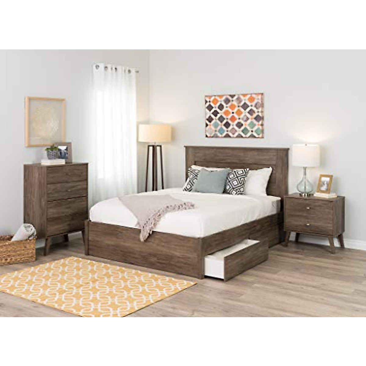 Prepac Milo Mid-Century Modern 2 Drawer Nightstand, Bedside Table, Contemporary Bedroom Furniture, 16"D x 25"W x 25"H, Drifted Gray