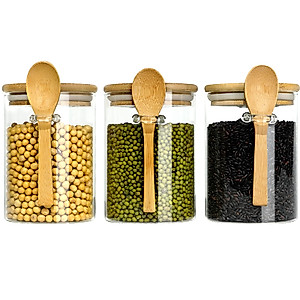 PRTBLZP 3 Sets of Glass Jars with Bamboo Lids and Bamboo Spoon, 17 Oz Borosilicate Glass Canisters for Candy, Cookies, Spices, Coffee Beans, Pasta
