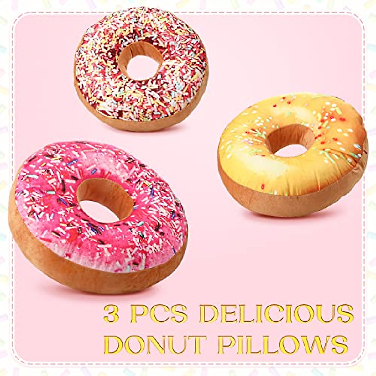 Donut Throw Pillow 3 Pcs 16 Inch Chocolate Round Pillow Plush Soft Food Pillow 3D Digital Print Stuffed Ear Piercing Pillow Decorative Light Weight Seat Pad Cushion for Chair Floor Couch Sofa