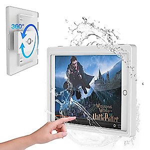 MoKo Wall Mount Shower Tablet Holder, 360 Rotation Waterproof Tablet Holder Bathroom Tablet Case Mount Shelf with Touchable Anti-Fog Screen for Tablets Up to 10.2", Fit with iPad 9 iPad Mini 6, White