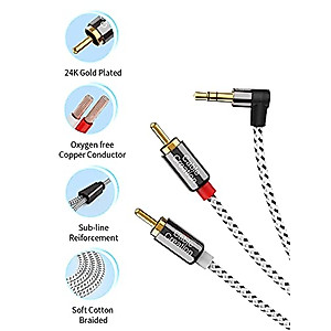 CableCreation 3.5mm to RCA Cable 10FT, Angle 3.5mm Male to 2RCA Male Auxiliary Stereo Audio Y Splitter Gold-Plated for Smartphones, MP3, Tablets, Speakers, Home Theater, HDTV, 3M