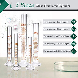 moveland Glass Graduated Measuring Cylinders Set - 5ml/10ml/25ml/50ml/100ml, Premium Borosilicate Cylinders Kit with 3 Pipettes + 2 Clear Brushes + 1 Stirring Rod