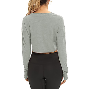 Mippo Long Sleeve Workout Top Crop Shirts Athletic Gym Active Wear Loose Cropped Sweaters Oversized Tshirts Midriff Tops Baggy Clothes for Women to Wear with Leggings Light Heather Gray L