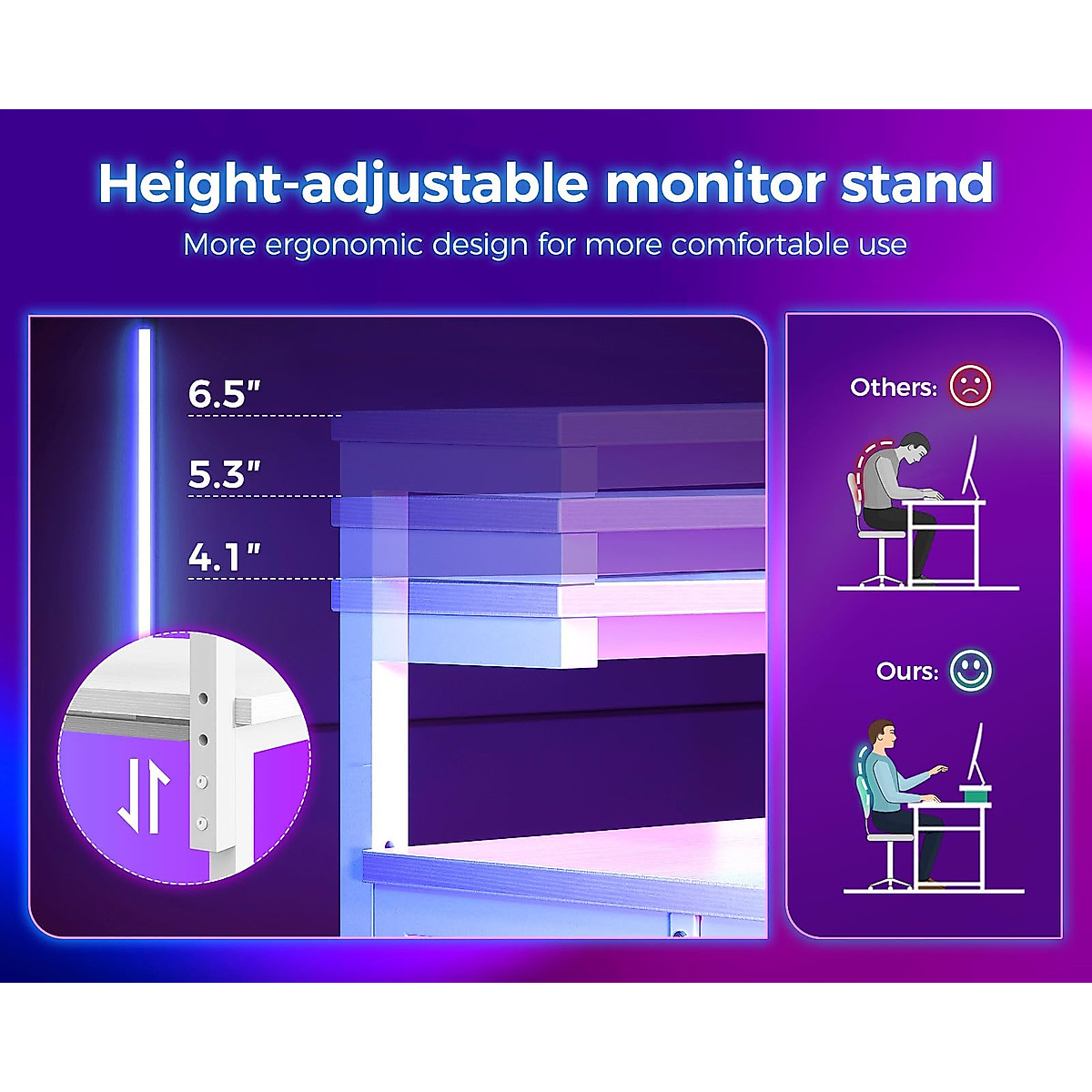 MOTPK White L Shaped Gaming Desk with Power Outlet, Reversible Computer Desk with Height Adjustable Monitor Stand, Coner Desk 43inch with LED Lights, Home Office Desk