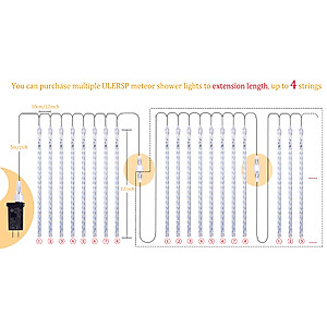 ULERSP Christmas Meteor Shower Rain Lights Extendable, 30cm 8 Tube 192 LEDs Falling Rain Drop Lights, Waterproof Icicle Lights for Outdoor Garden House Window Xmas Tree Decoration (Warm White)