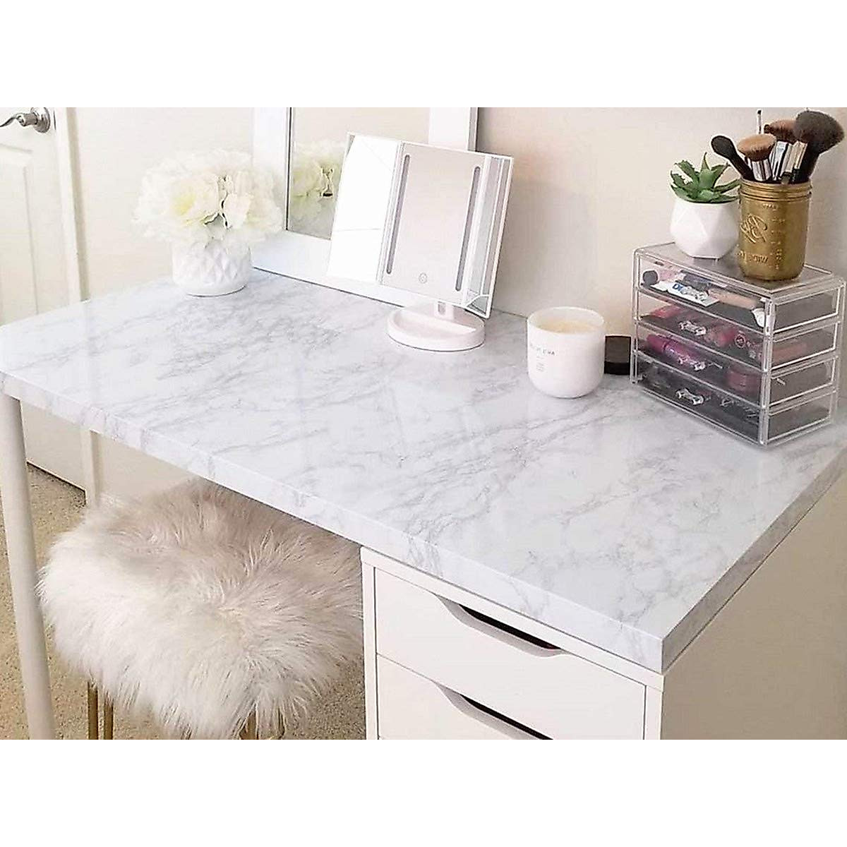 practicalWs Glossy Marble Wall Paper Granite White/Grey Kitchen Countertop Cabinet Furniture Refurbishment Thick Removable Wallpaper Peel and Stick Vinyl Roll Easy to Use 11.8"x78.7"