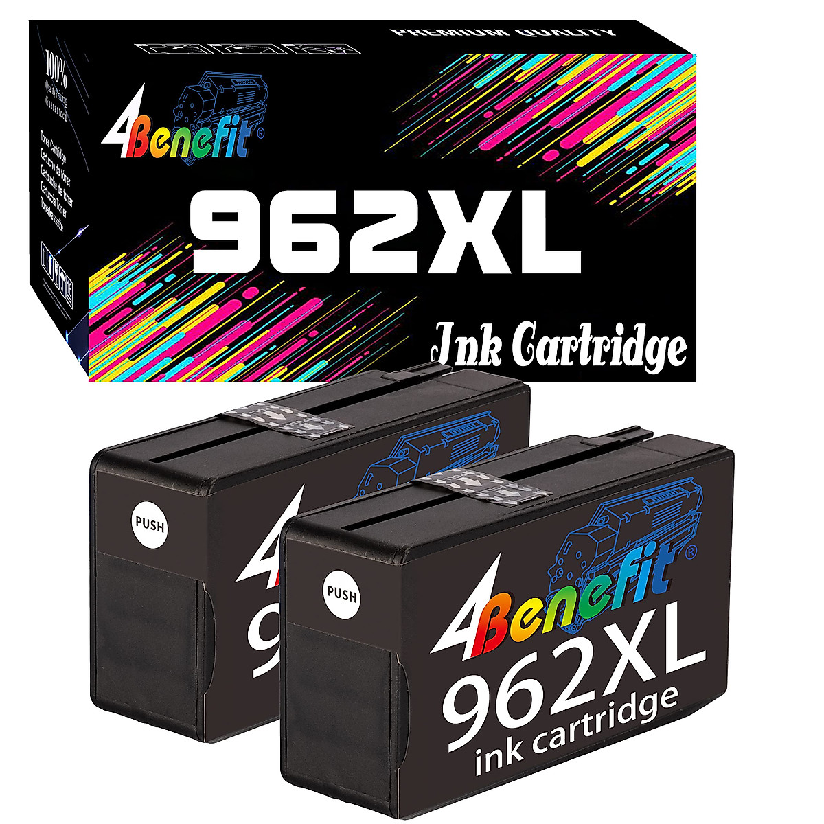 (Set of 2) 4Benefit Remanufactured Replacement HP 962XL 962 Ink Cartridge HP 962BK 962XLBK HP962 (Black x 2) Work in HP OfficeJet Pro 9020 9025 9026 9027 9028 9010 9012 9015 9018 Inkjet Printer