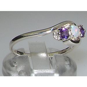 LetsBuyGold 925 Sterling Silver Real Genuine Opal & Amethyst Womens Band Ring - Size 7