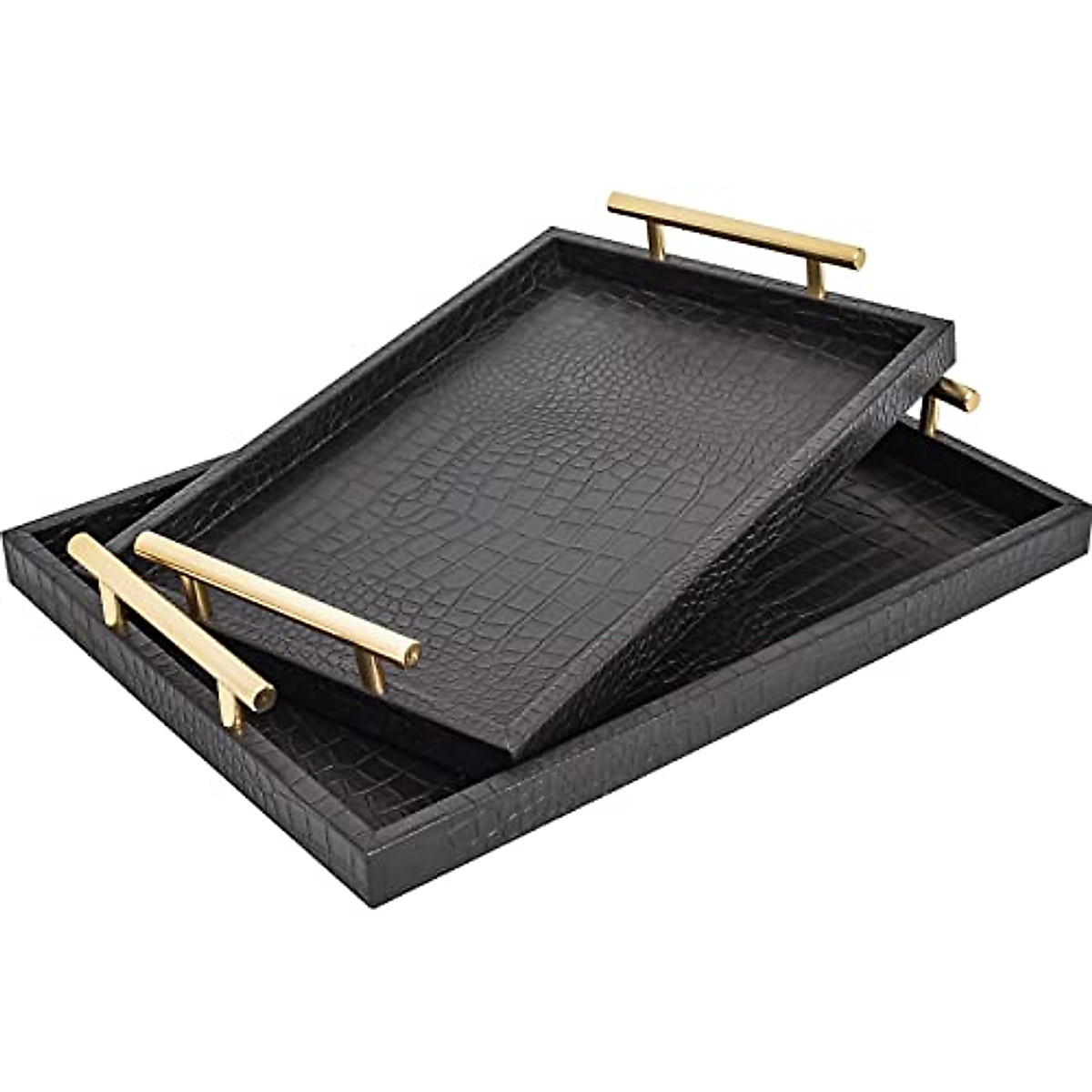 MACVAD Set of 2 Modern Elegant Large Wood Serving Tray, Black Crocodile Leather with Gold Polished Metal Handles, Rectangle Decorative Tray for Ottoman Coffee Table Living Room