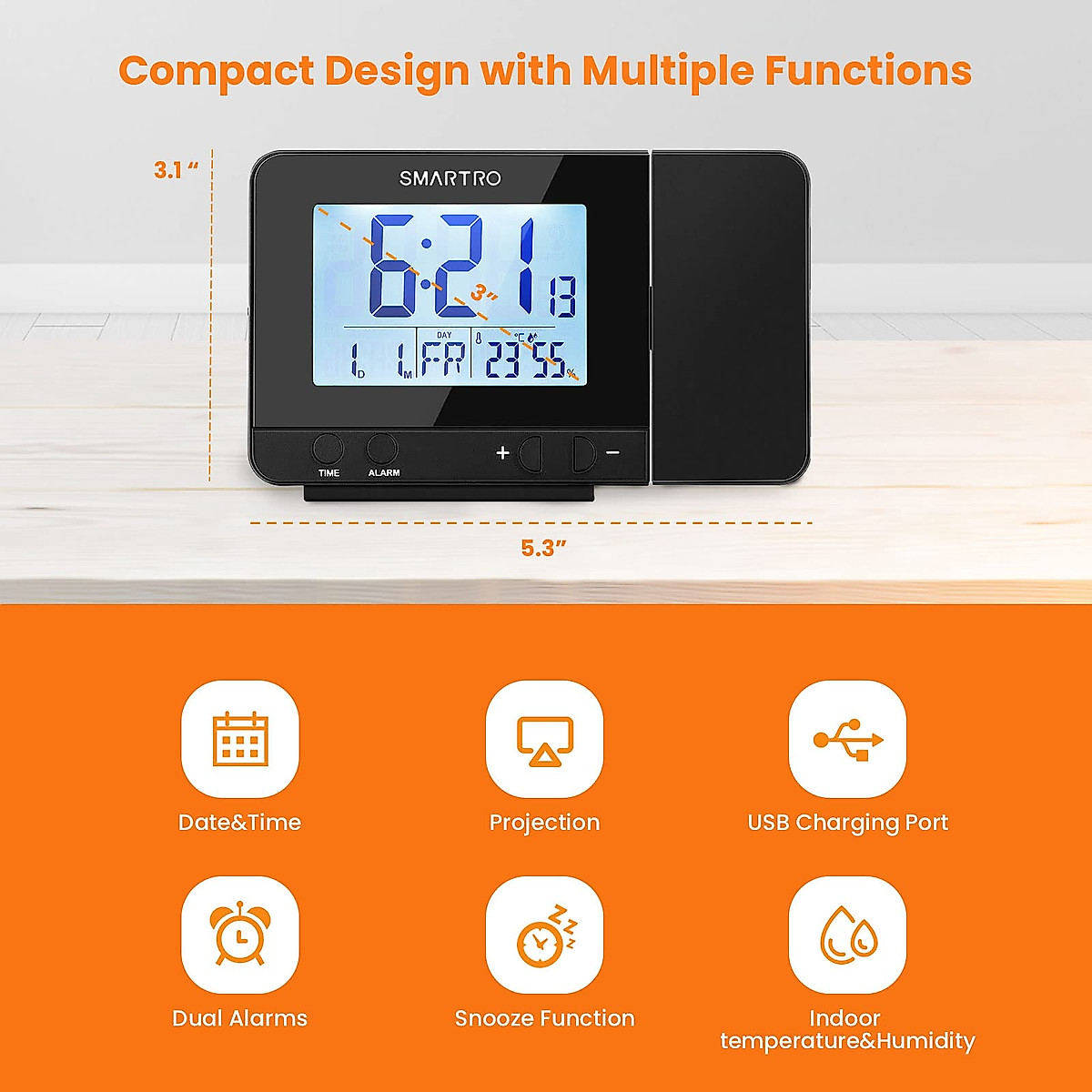 SMARTRO Digital Projection Alarm Clock for Bedrooms with Indoor Thermometer Hygrometer, USB Charger, Bedside Projector, Travel, AC and Battery Operated