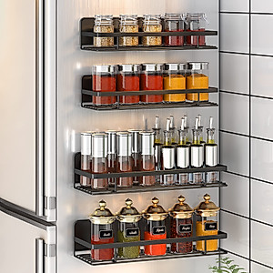 Yicloud Magnetic Spice Rack for Refrigerator 4 Pack, Strong Magnetic Shelf for Refrigerator, Magnet Spice Rack Organizer for Fridge, Small Kitchen, Black