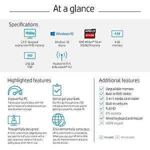 HP 22-inch All-in-One Desktop Computer, AMD Athlon Silver 3050U Processor, 4 GB RAM, 256 GB SSD, Windows 10 Home (22-dd0010, White), Snow White (Renewed)