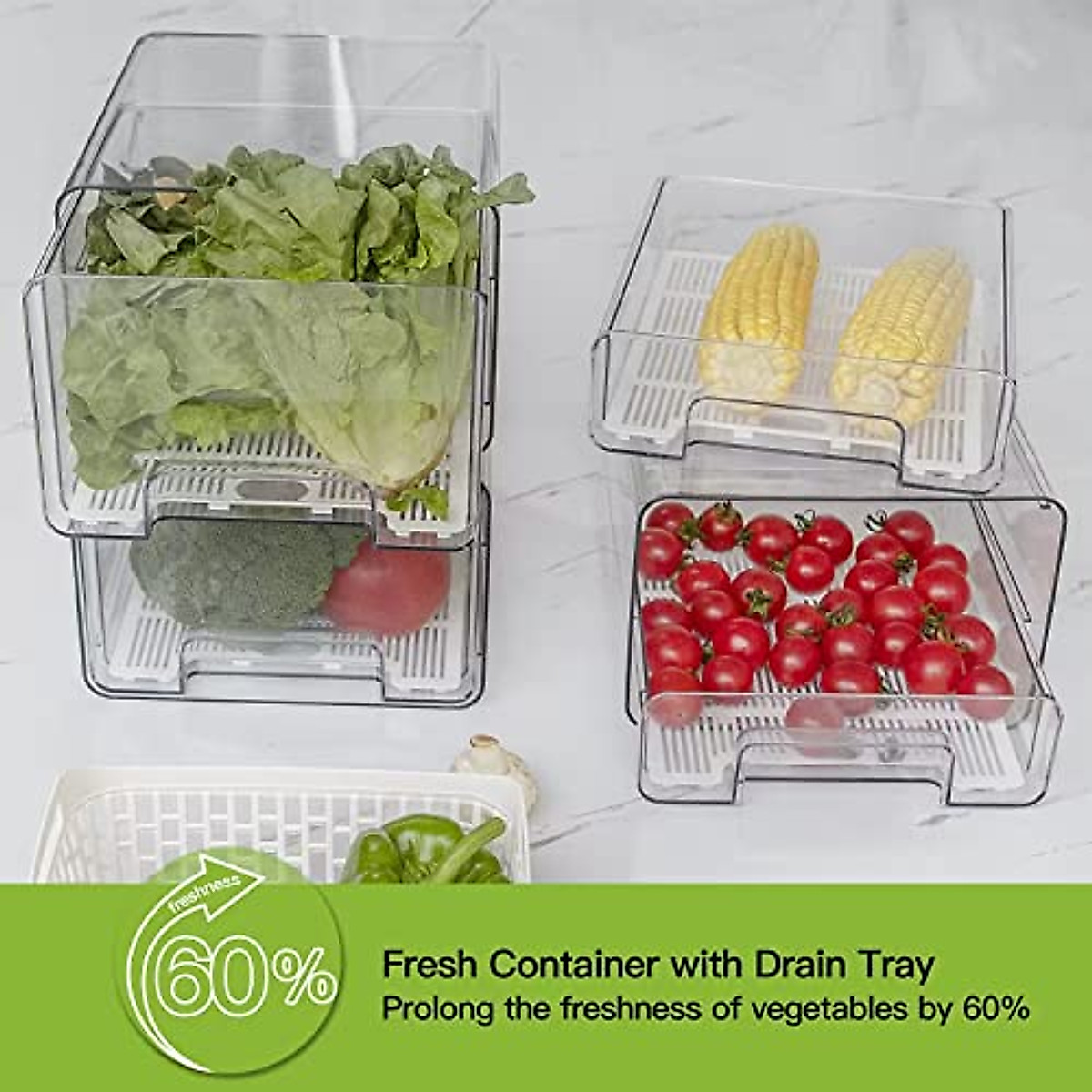 elabo Large Capacity Fruit Vegetable Storage Containers, Refrigerator Organizer Bins with Pull-out Drawer, Multifunctional Fridge Drawer Organizer, BPA-Free, Clear, with Removable Drain Tray