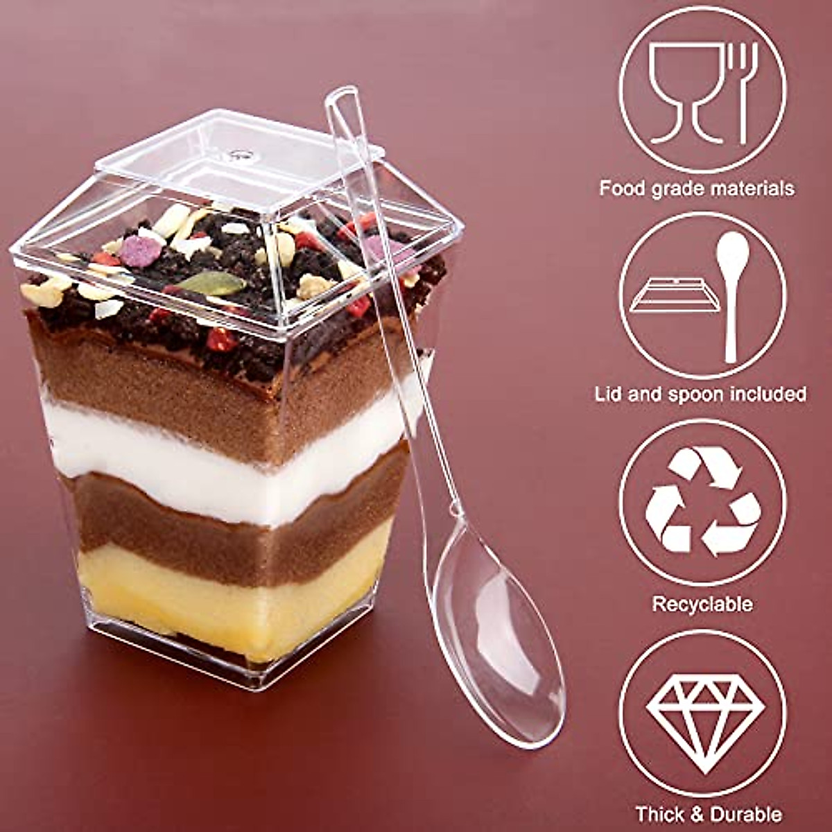 Colovis Desert Cups with Lids and Spoons, 100 Pack 5 OZ Clear Square Parfait Cups Plastic Appetizer Cups for Party Cheesecakes Puddings Fruits (100)