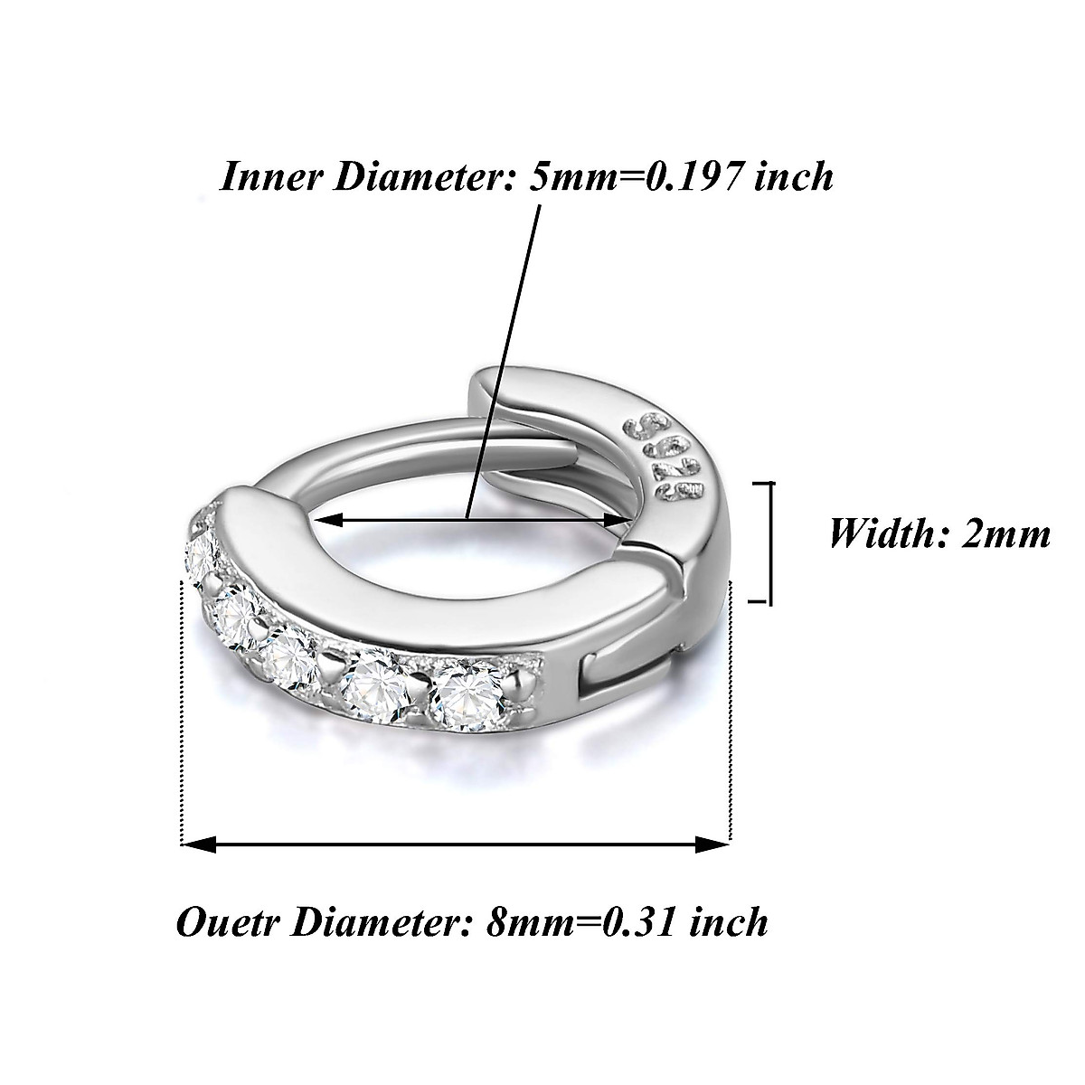 SILBERTALE Tiny Huggie Hoop Earrings 925 Sterling Silver CZ Cubic Zirconia 5mm Small Cartilage Hugging Earring mini Hoop Rook Daith Forward Helix Snug Tragus Piercing for Women