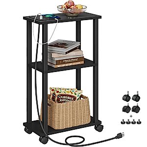 BEEWOOT Narrow End Table with Plug, Slim Side Table, Nightstand, 2-Tier Storage Shelf, Sofa Side Table for Small Space, Living Room, Bed Room BET01BK001