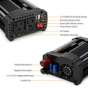 NDDI 200W Car Power Inverter 12V DC to 110V AC Converter with 3.1A Dual USB Quick Car Charger Adapter(Black)