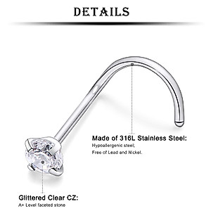 Kridzisw 18G Nose Rings Studs for Women 18 Gauge Surgical Stainless Steel Screw Twist Spiral Corkcscrew Silver Cute Nose Nostril Ring Stud Hook Piercing Jewelry Set Pack Women Men CZ Diamond Opal 2MM