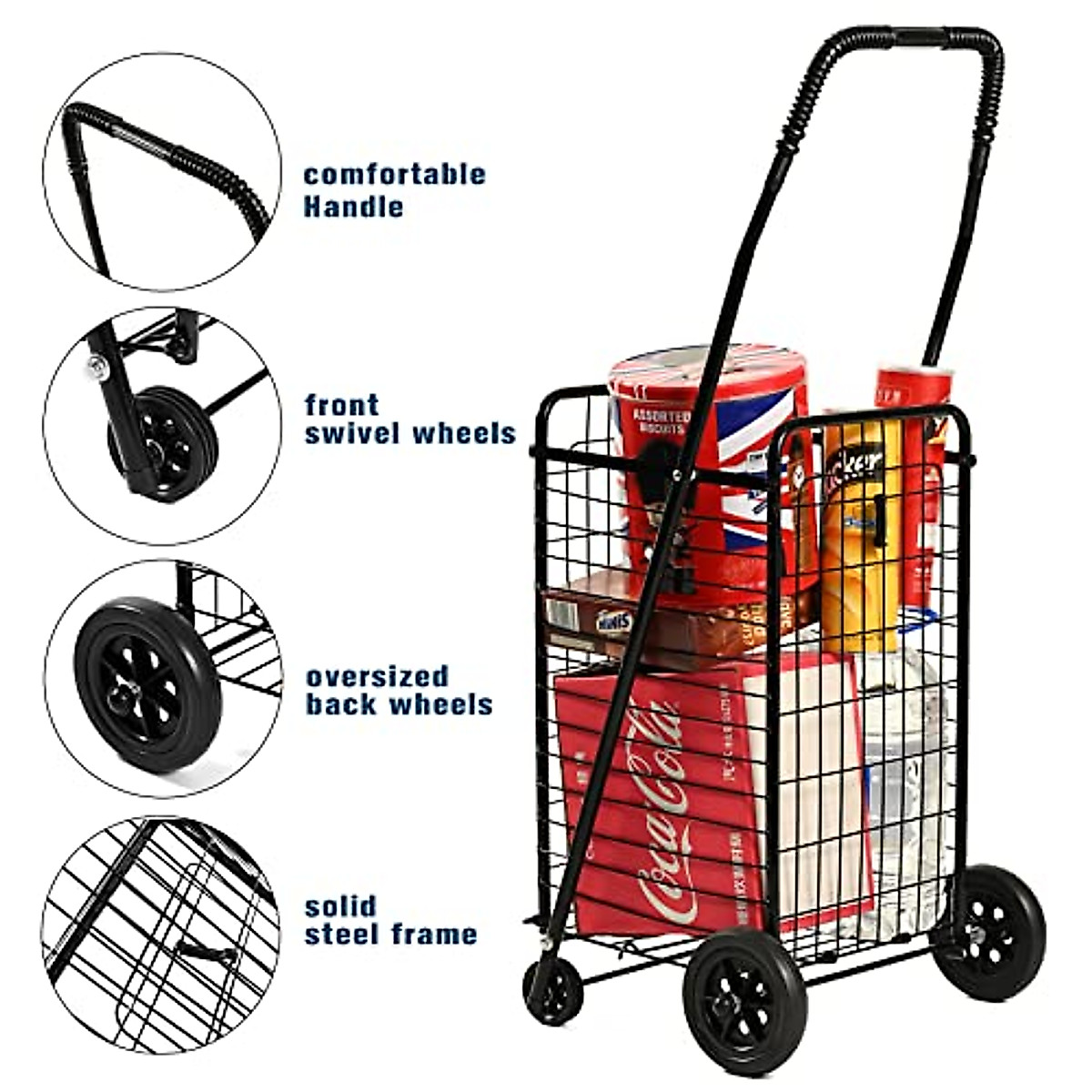 Folding Shopping Cart,Grocery Utility Shopping Cart with Four Wheels,Compact Folding Portable Cart Saves Space for Convenient Storage,Lightweight Easy to Move Holds up to Max 90Ibs,Black