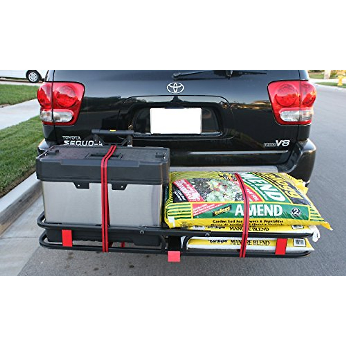 MaxxHaul 70107 53" x 19-1/2" Hitch Cargo Carrier - Trailer Mount Steel With High Side Rails For RV's, Trucks, SUV's, Vans, Cars 2" Receiver 500-lb Load Capacity , Black