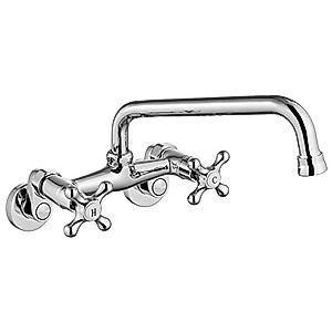 Wall Mount Kitchen Faucet Polish Chrome Double Cross Handle Commercial 3 Inch to 9 Inch Adjustable Hole Distance Spread Silver Mixer Tap 9 inch Spout Reach