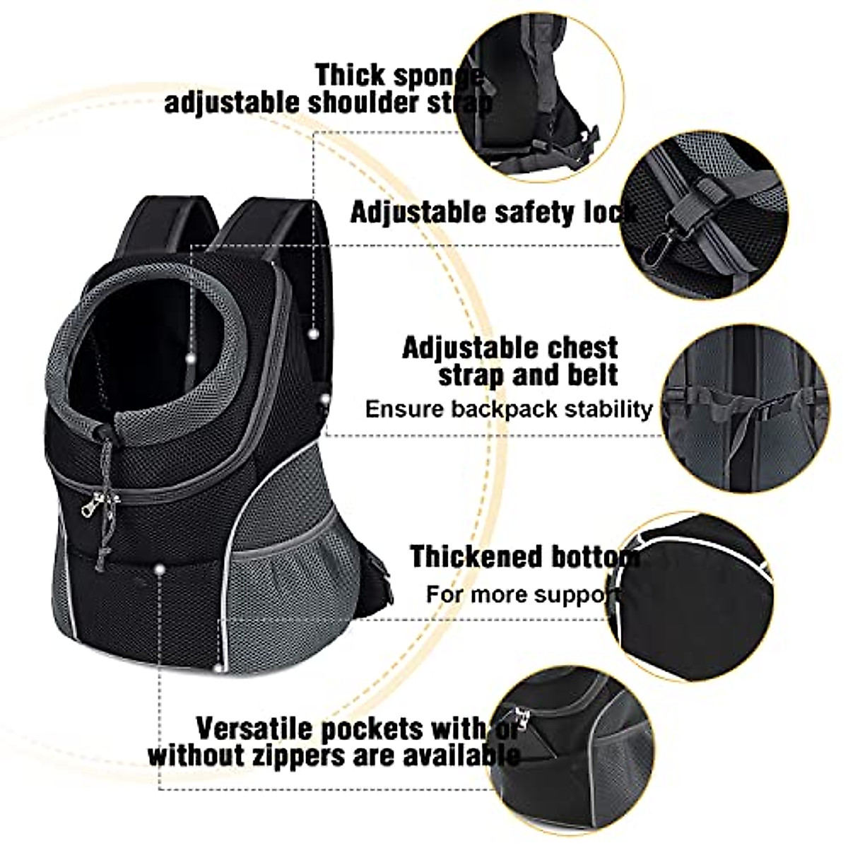 WOYYHO Pet Dog Carrier Backpack Puppy Dog Travel Carrier Front Pack Breathable Head-Out Backpack Carrier for Small Dogs Cats Rabbits (M (up to 10 lbs), Black)