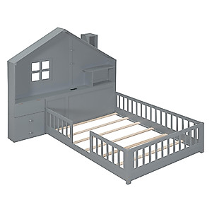 Full Floor House Bed for Kids, Wood Montessori Floor Bed with Rails, Window and Bedside Drawers, Kids Full Platform Bed with Shelves and a Set of Sockets and USB Port (Full,Grey)