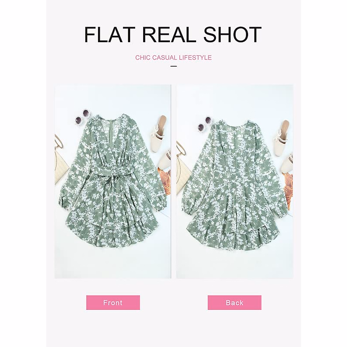 Dokotoo Womens Ladies Casual Summer Birthday Spring Ruffle Elegant Floral Long Sleeve Tie Knot V Neck Cute Chiffon Boho Beach Tunic Swing A Line Mini Short Skater Dresses for Women 2023 Green Large