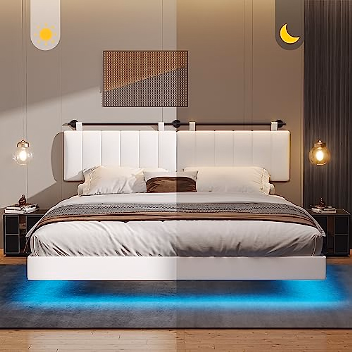 Hasuit King Floating Bed Frame with Led Light, Modern Inspired King Size Bed Platform, Vegan Leather Upholstered Wall Mounted Headboard, No Box Spring Needed, Noise Free, Easy Assembly