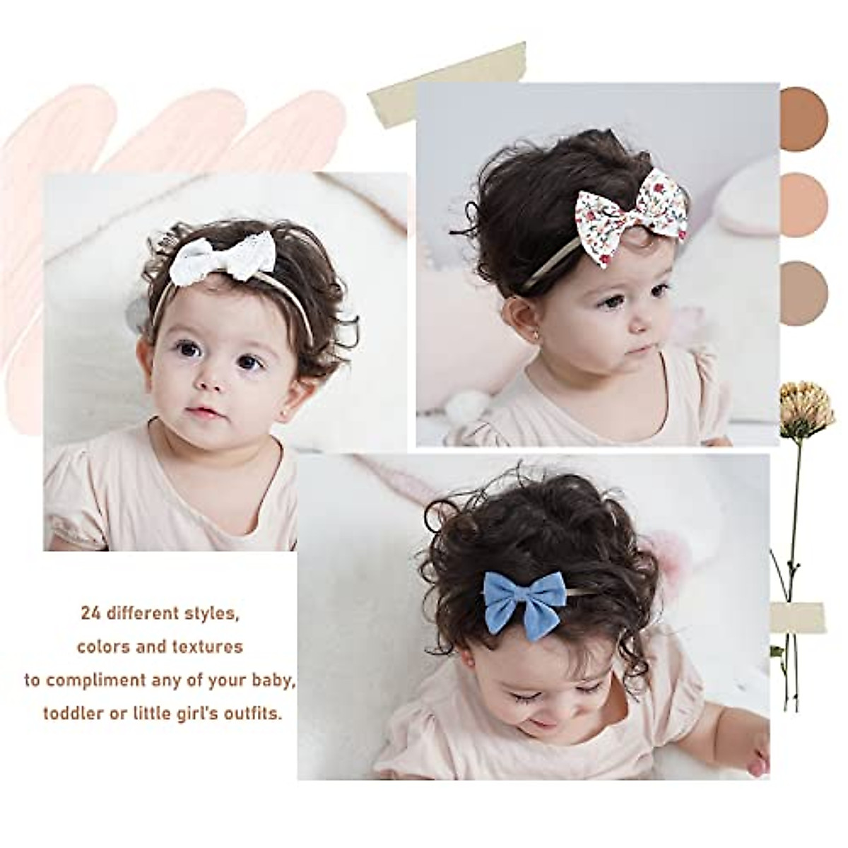 doboi 24pcs Baby Girls Flower and Hair Bows Headbands Soft Nylon Hairbands Elastic Hair Accessories for Newborns Infants Toddlers and Kids