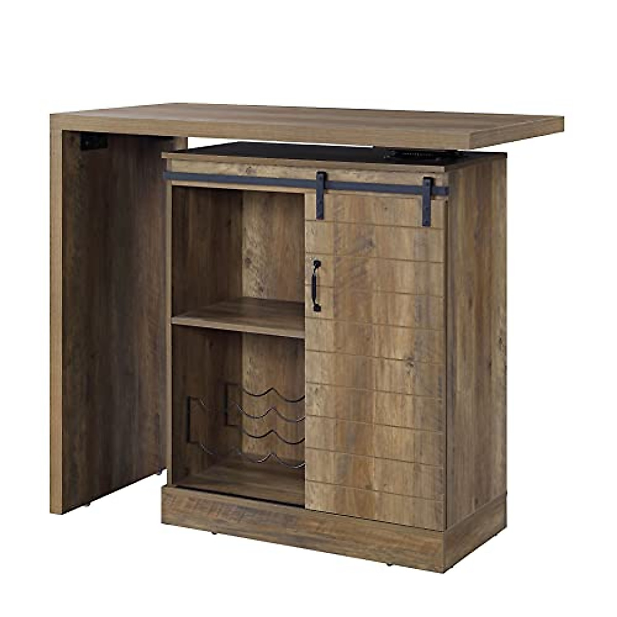 Knocbel Industrial Swivel Bar Table Storage Cabinet with 6-Bottle Wine Holder, Sliding Barn Door and Compartments, Kitchen Dining Room Buffet Sideboard, 110lbs Weight Capacity (Rustic Oak)