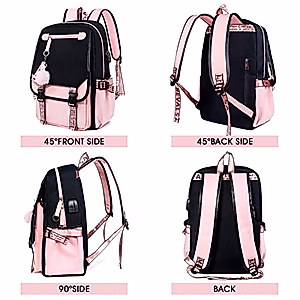 Bevalsa Backpack with Lunch Bag Bookbag Set for Girls Kids Middle High School College Student 21L Casual Daypack Children Schoolbag Bookbag with USB Charging Port (Pink)