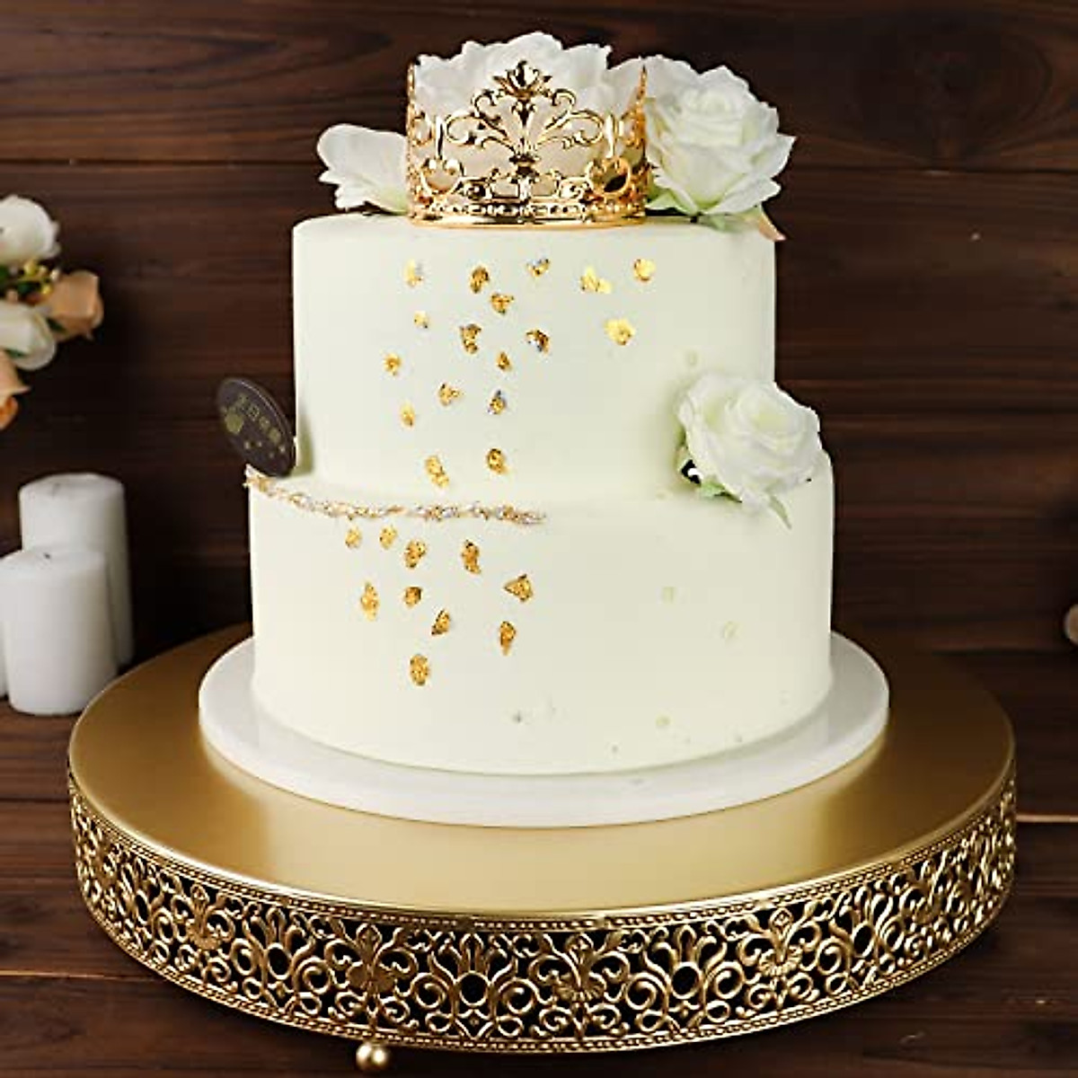 Efavormart 16" Round Lace Gold Metal Wedding Cake Stand, Dessert Display Stand Glossy Metallic Finish for Dessert Cupcake Pastry Candy Display Plate Event, Birthday Party