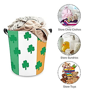Clover on The Irish Flag Laundry Hamper Round Canvas Fabric Baskets with Handles Waterproof Collapsible Washing Bin Clothes Bag